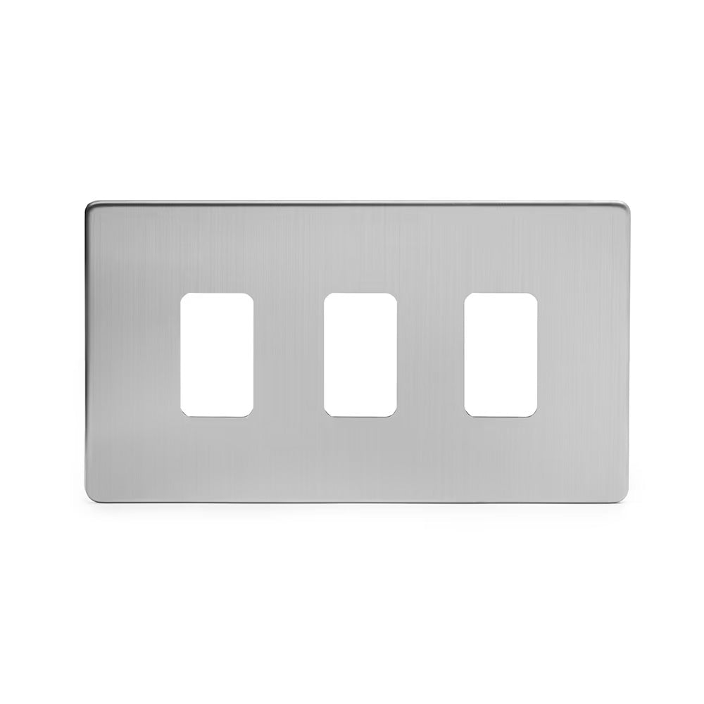 Screwless Brushed Chrome 3 Gang RM Rectangular Module Grid Switch Plat ...