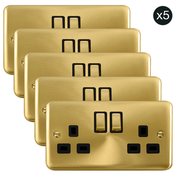 5 PACK - Curved Satin Brass 13A Ingot 2 Gang DP Switched Plug Socket ...