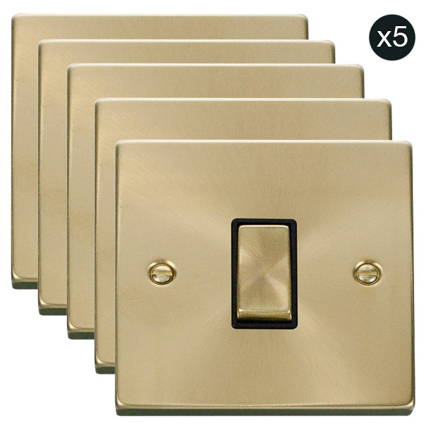 5 PACK - Satin Brass 10A 1 Gang 2 Way Ingot Light Switch - Black Trim ...