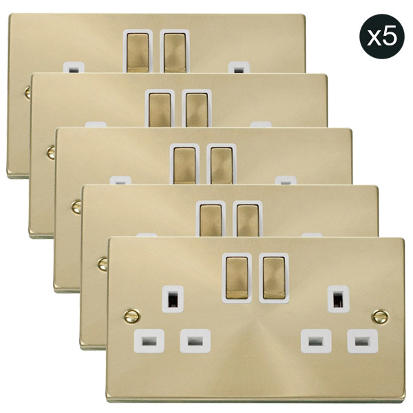 5 PACK - Satin Brass 2 Gang 13A DP Ingot Twin Double Switched Plug Soc ...