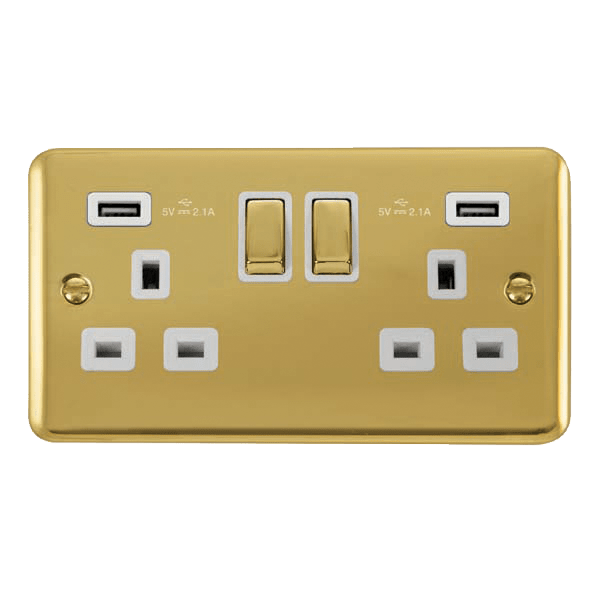 Curved Polished Brass 2 Gang 13A DP Ingot 2 USB Twin Double Switched P ...