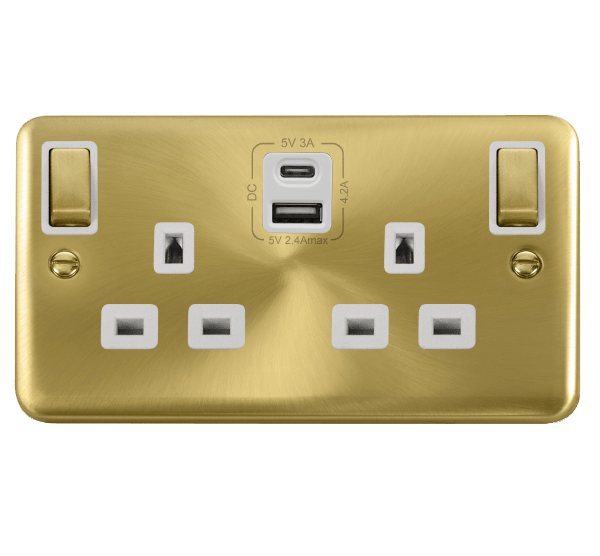Curved Satin Brass 2 Gang 13A DP Ingot Type A & C USB Twin Double Swit ...