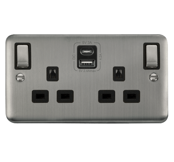 Curved Stainless Steel 2 Gang 13A DP Ingot Type A & C USB Twin Double ...