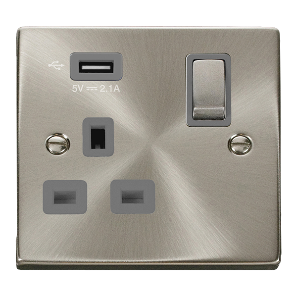Satin Chrome 1 Gang 13A DP Ingot 1 USB Switched Plug Socket - Grey Tri ...