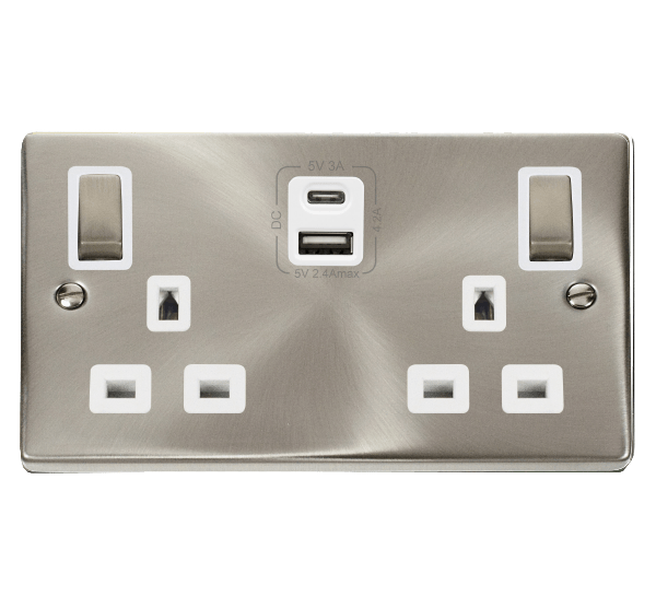 Satin Chrome 2 Gang 13A DP Ingot Type A & C USB Twin Double Switched P ...