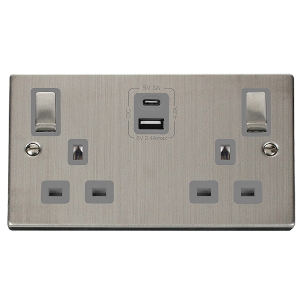 Stainless Steel 2 Gang 13A DP Ingot Type A & C USB Twin Double Switche ...