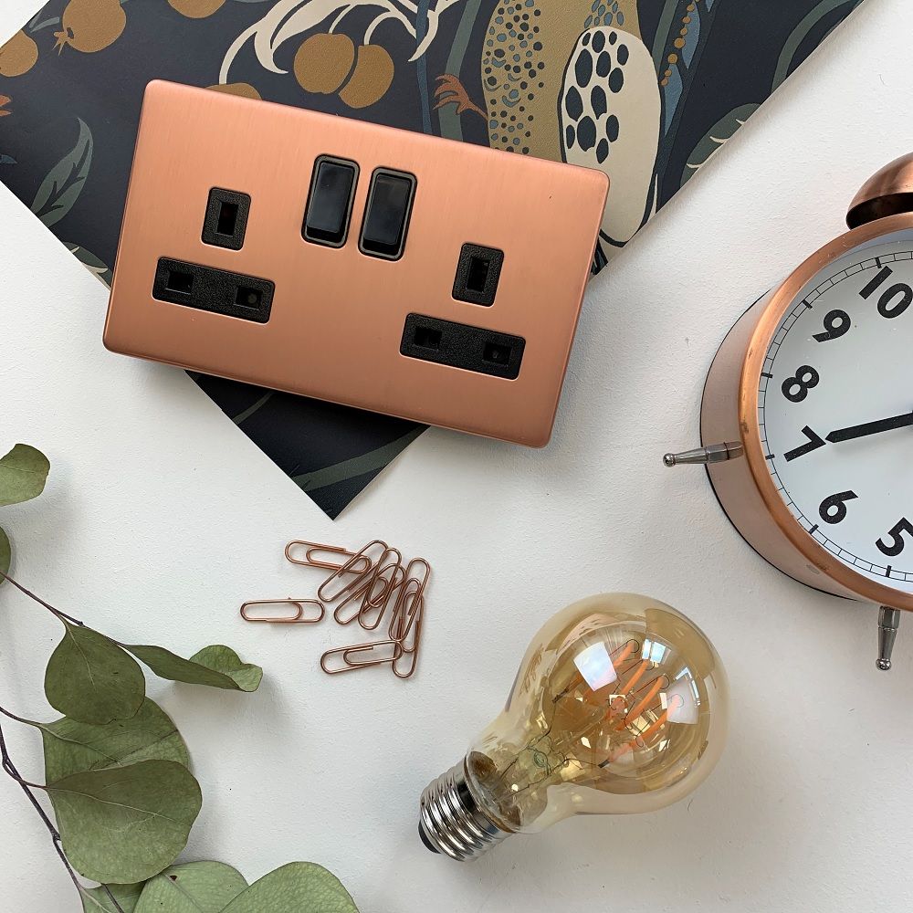 Screwless Raised - Brushed Copper 13A 2 Gang Switched Plug Socket, Dou ...