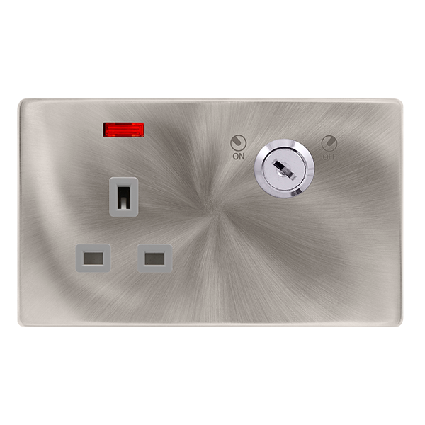 13A 1 Gang Double Pole Key Lockable Socket With Neon - Brushed Steel C ...