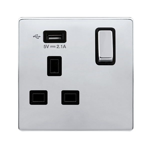 Screwless Plate Polished Chrome 13A Ingot 1 Gang Switched Plug Socket ...