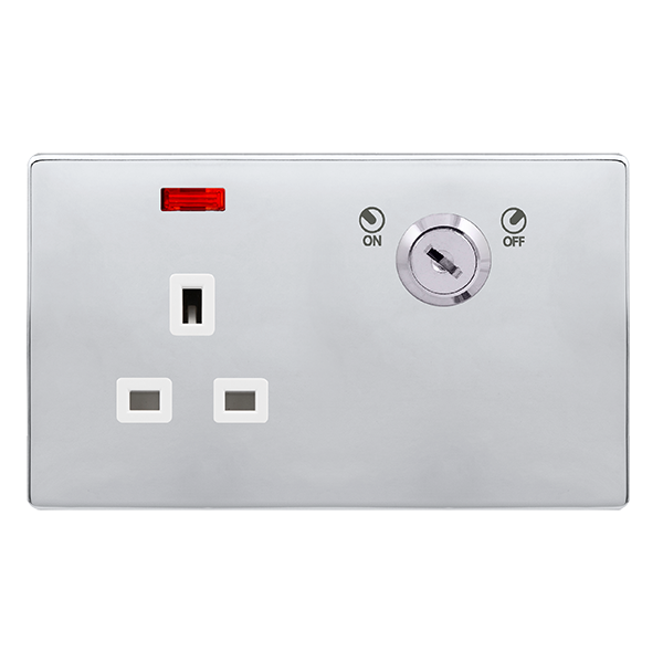 Screwless Plate Polished Chrome 13A 1 Gang Double Pole Key Lockable So ...