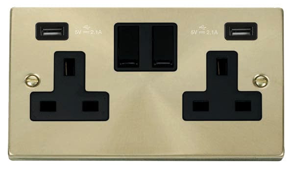 Satin Brass 2 Gang 13A 2 USB Twin Double Switched Plug Socket - Black ...