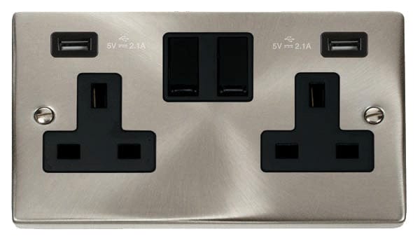 Satin Chrome 2 Gang 13A 2 USB Twin Double Switched Plug Socket - Black ...
