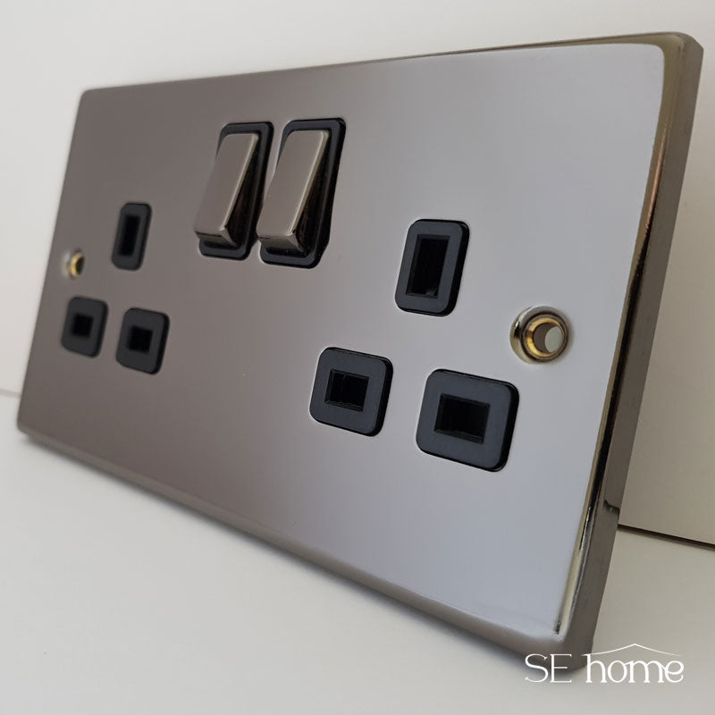 Black Nickel 2 Gang 13A Twin Double Switched Plug Socket - Black Trim ...