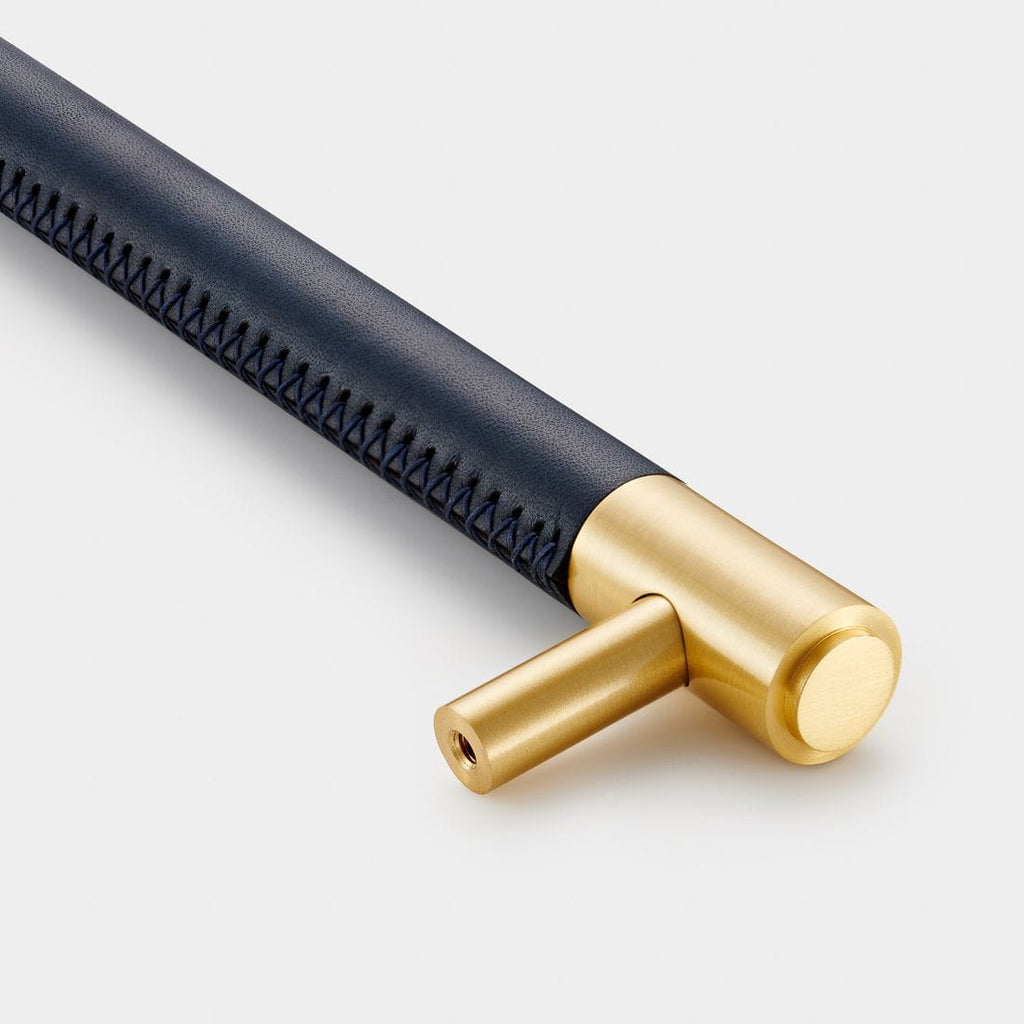Blue Leather Wrapped Brass Cupboard Bar Handle - Satin Brass - Hole Ce ...