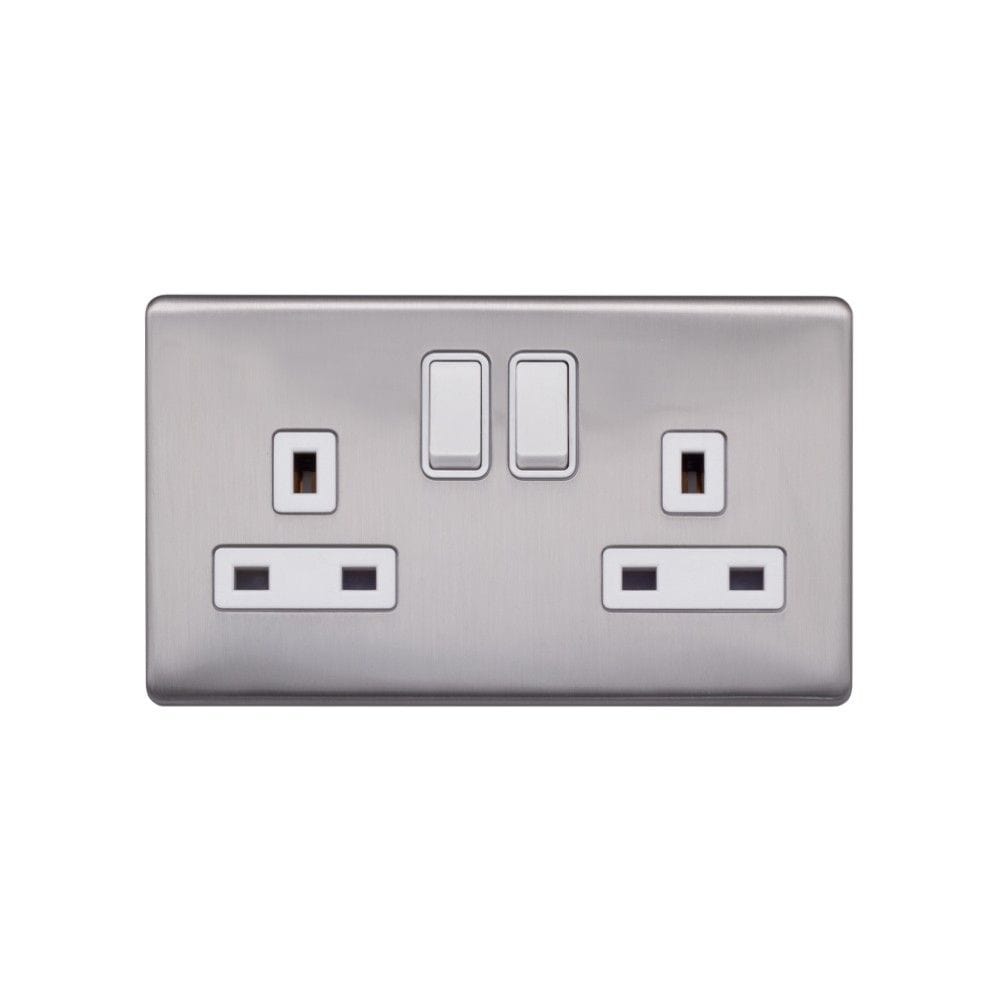 Screwless Raised - Brushed Chrome 13A 2 Gang Switched Plug Socket, Dou ...