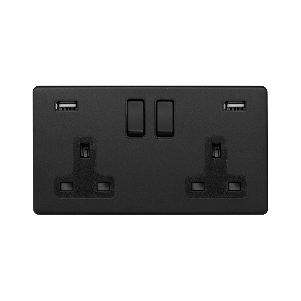 Screwless Matt Black 13A 2 Gang DP USB Socket (USB 4.8amp) – SE Home